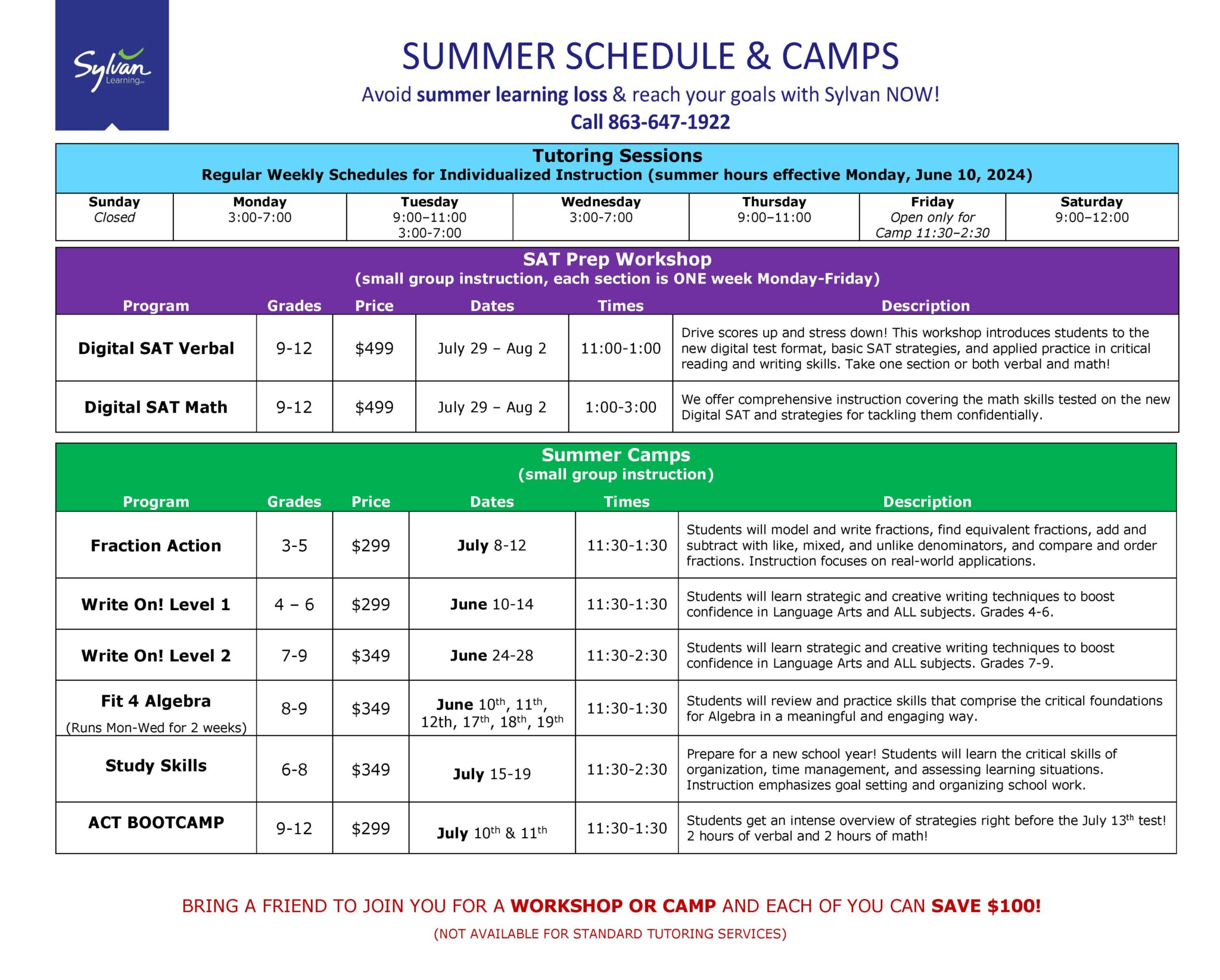 Summer Camp Shedule | Sylvan Learning in South Lakeland